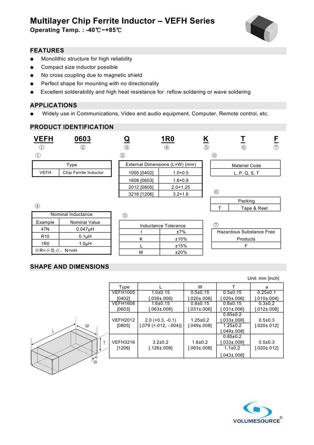VEFH片式磁珠系列 - 千代源电感线圈